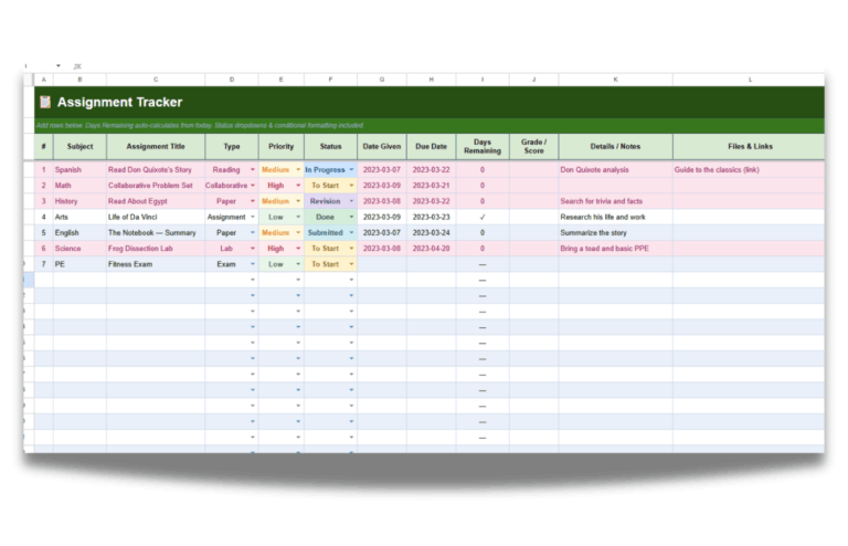 Free Assignment Tracking Template for Google Sheets | SSP
